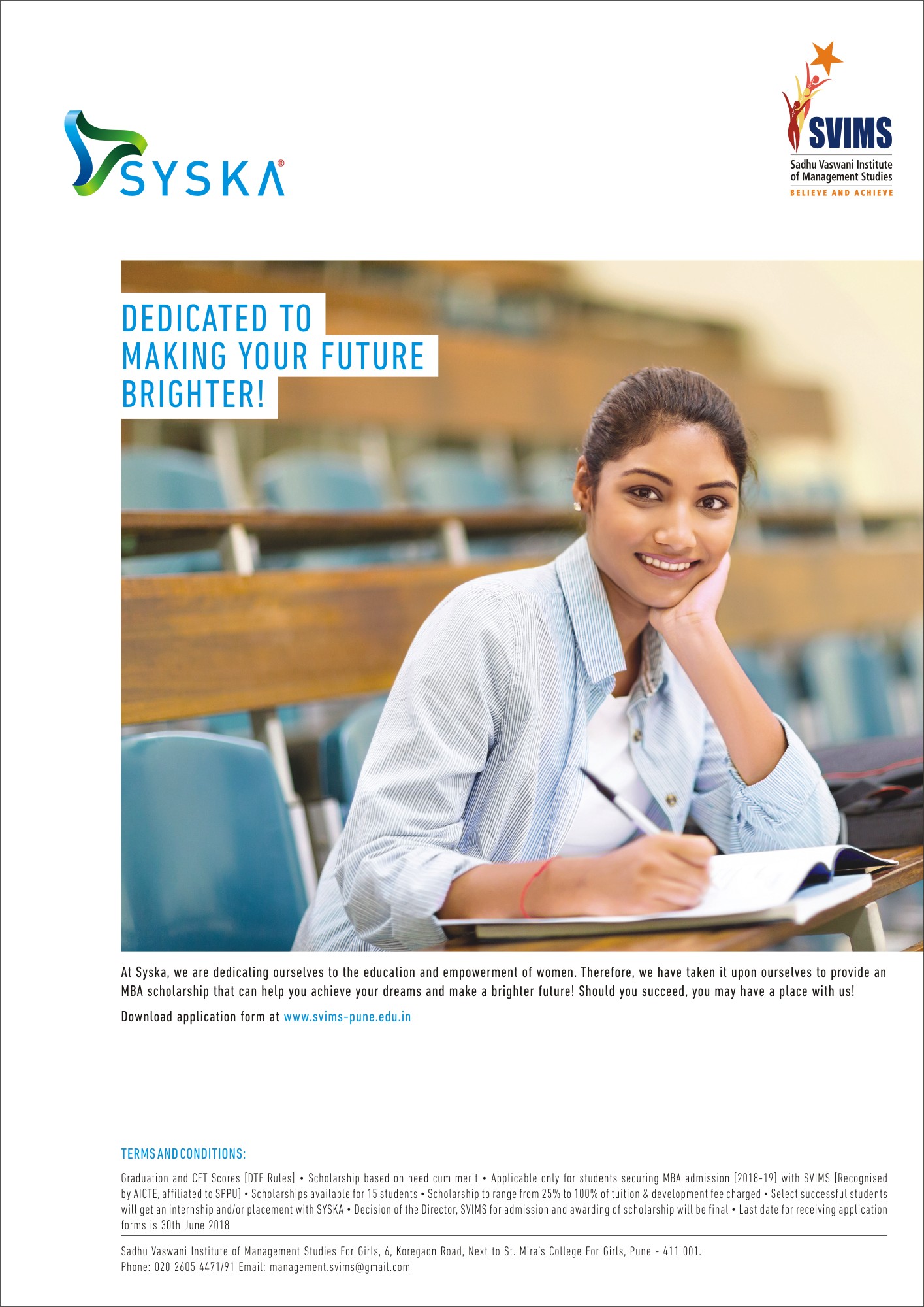 Syska Scholarship Application | Sadhu Vaswani Institute of Management ...